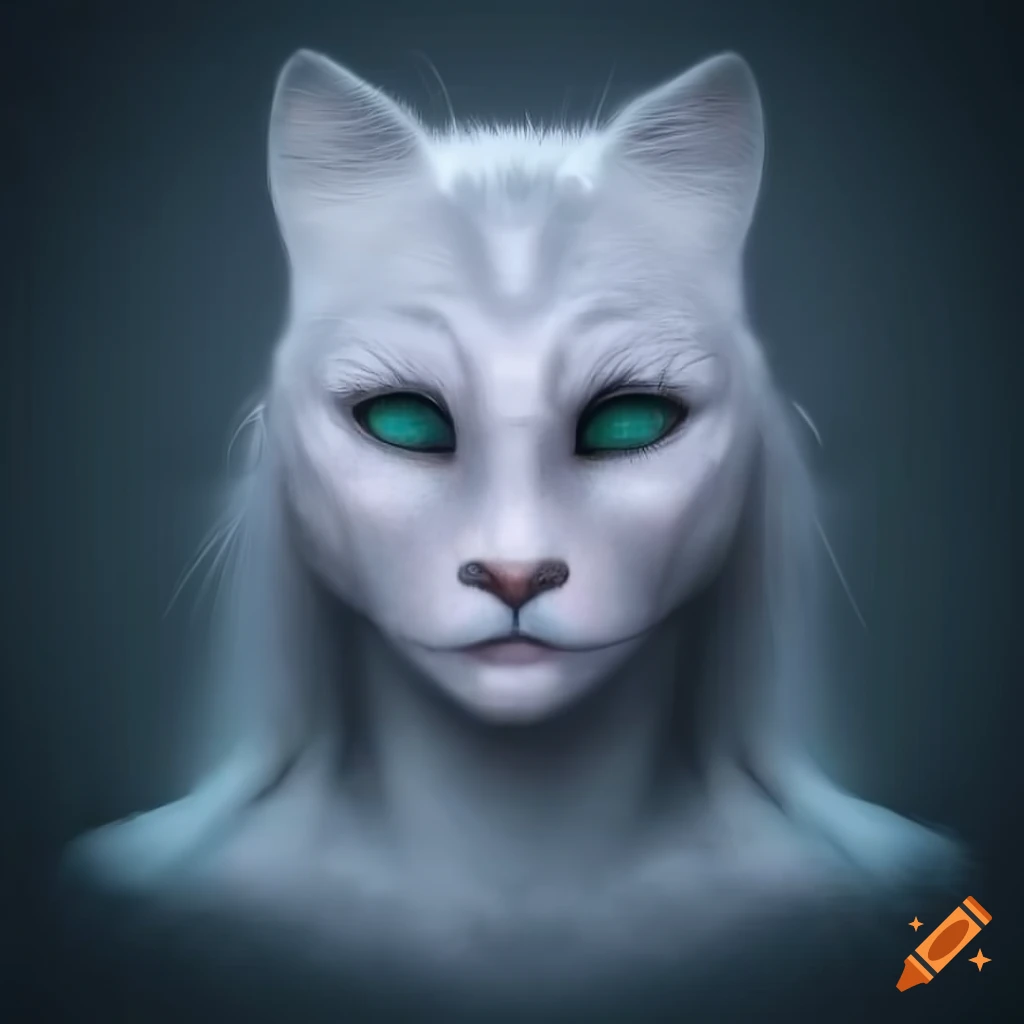 White cat-human hybrid with green eyes and long fur on Craiyon