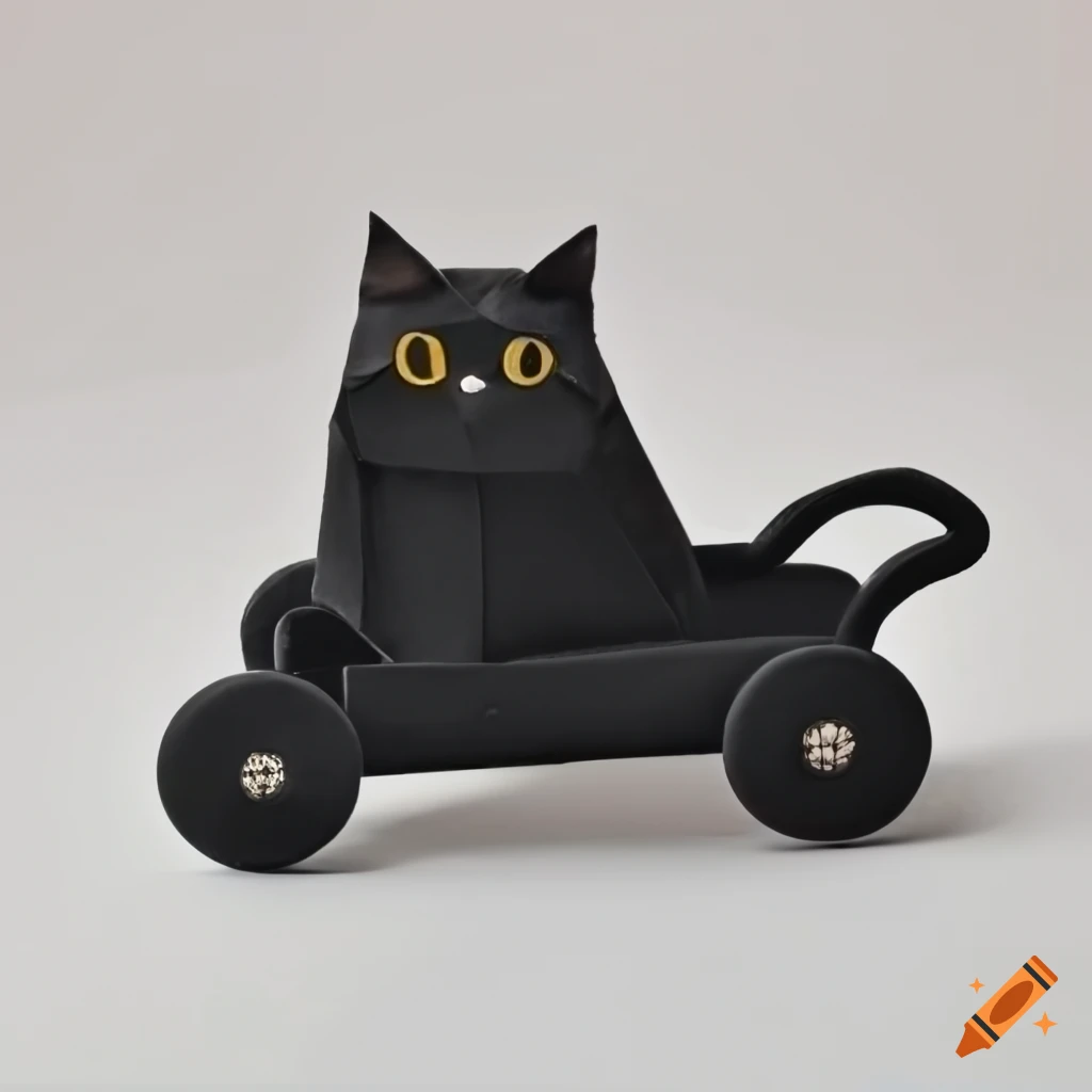 Black exotic shorthair cat driving a go-kart in origami style on Craiyon