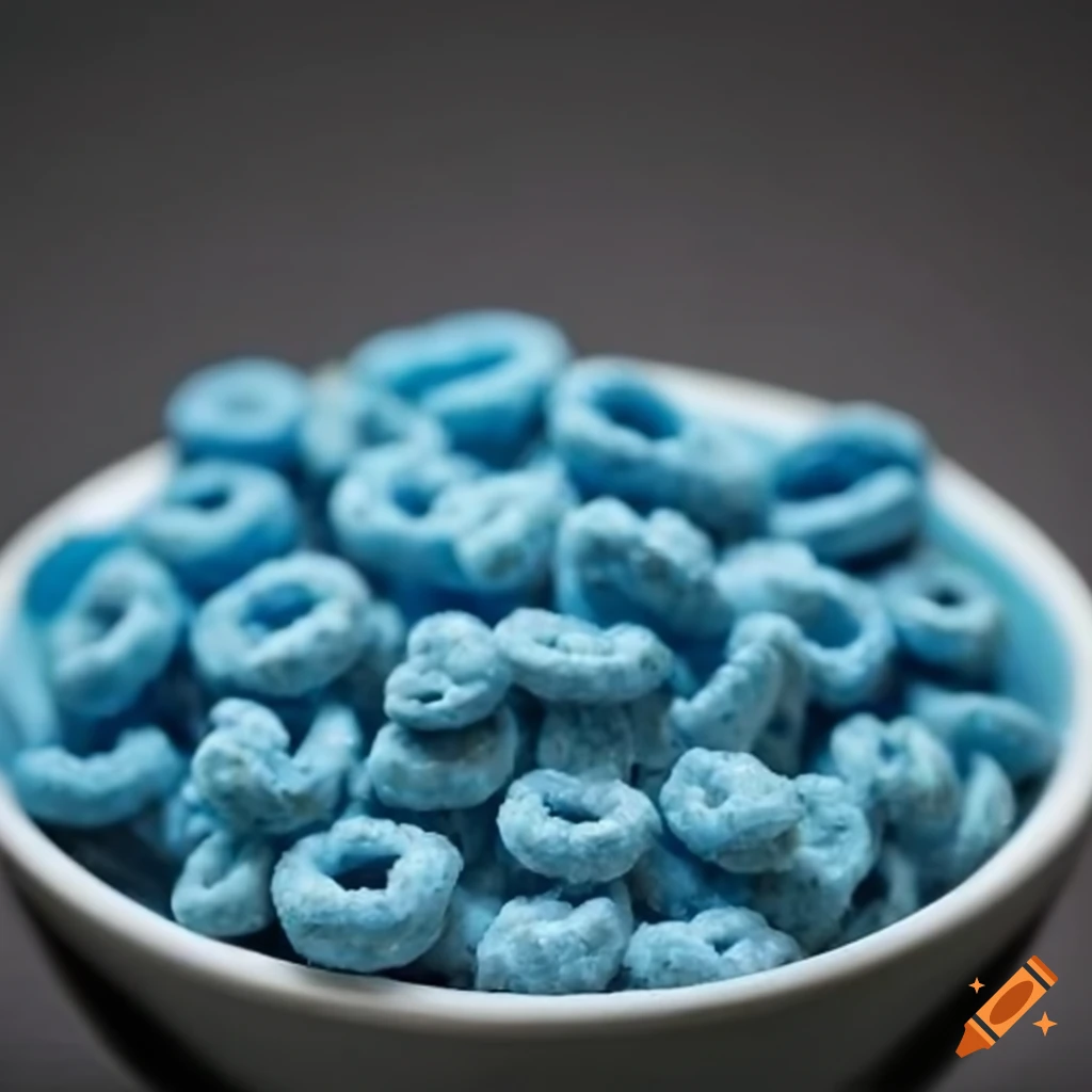 Blue loop-shaped cereal in a bowl on Craiyon