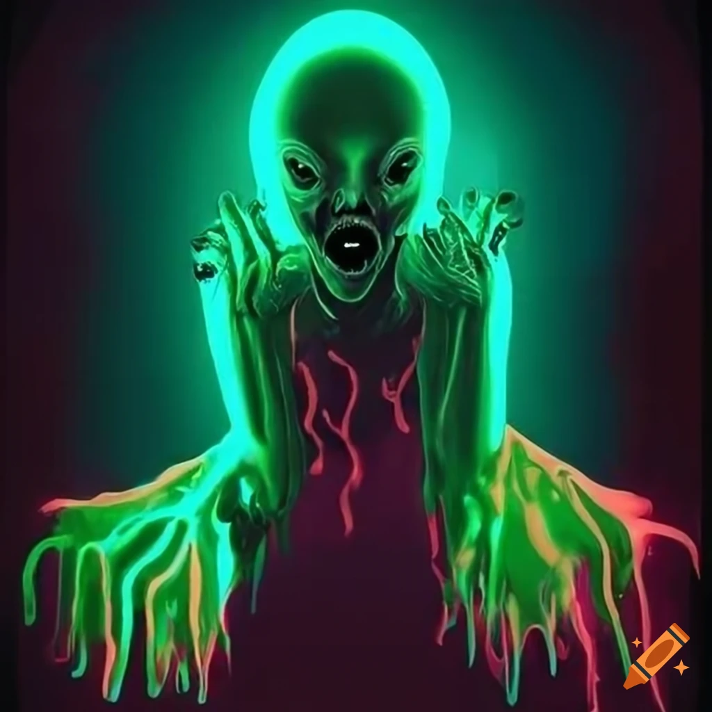 Glowing fluorescent melting ghost alien carrying unconscious woman in a ...