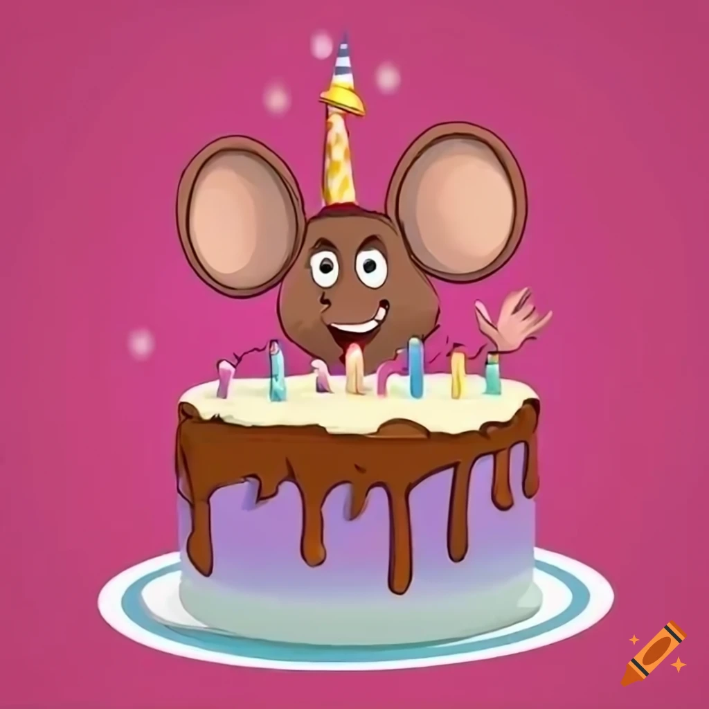 Colorful cartoon mice celebrating around a birthday cake on Craiyon