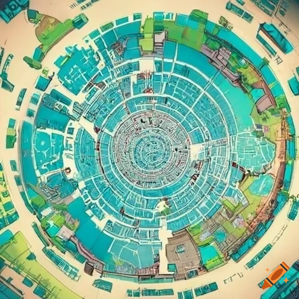 Circular city map surrounded by plains on Craiyon