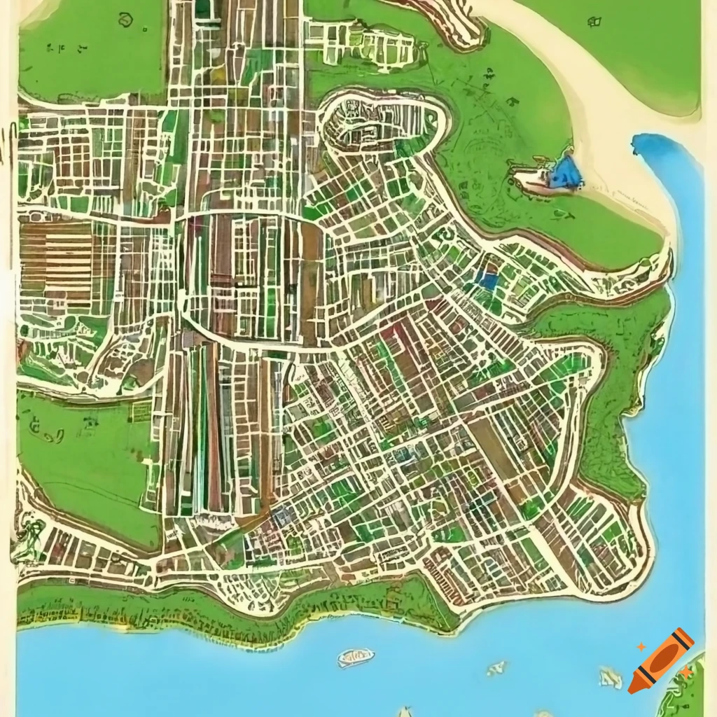 Detailed city map with forest and beach areas on Craiyon