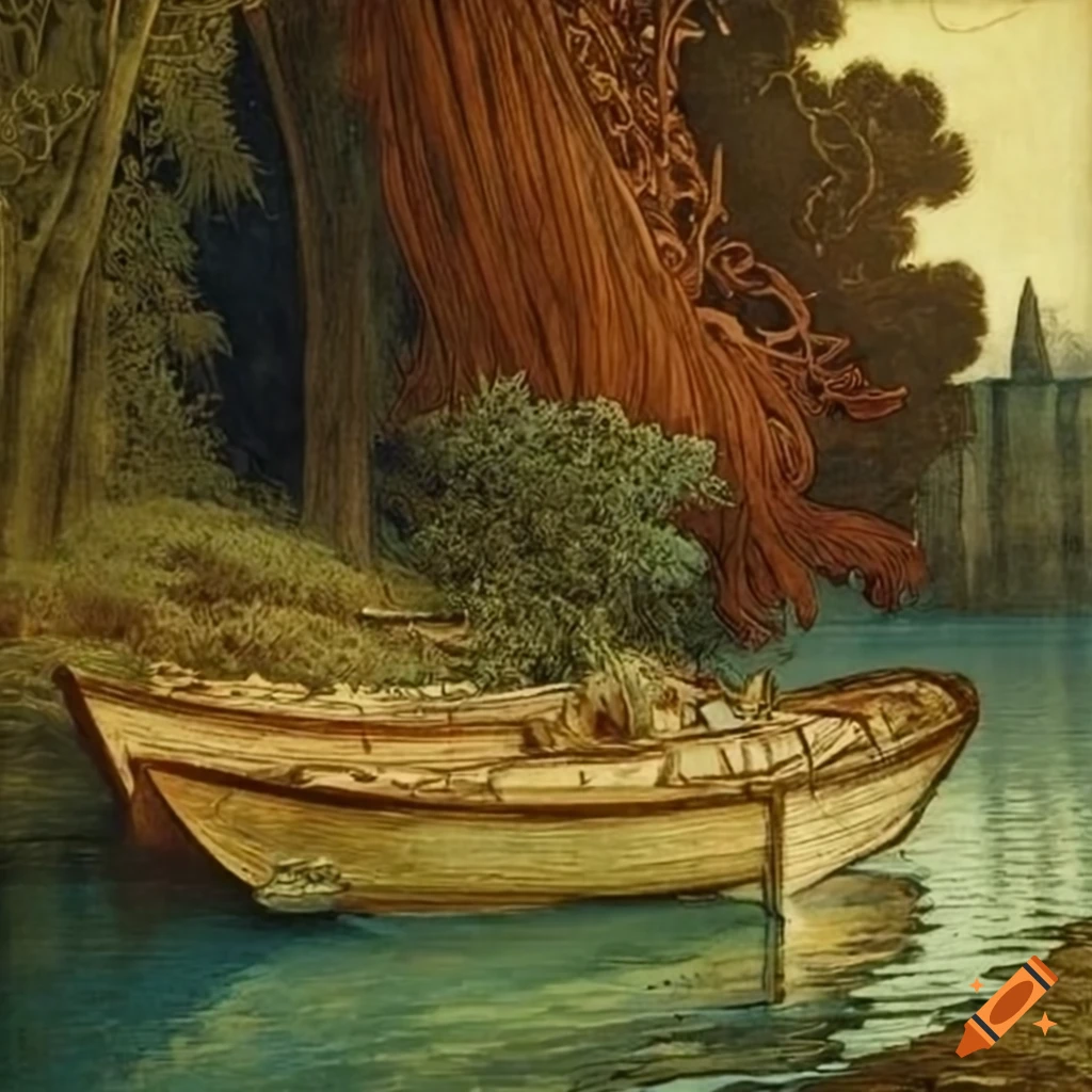 Landscape with river, trees, and wooden boats, illustrated by various ...
