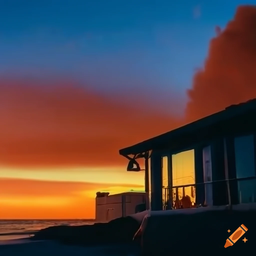 California beach house with highly saturated sunset on Craiyon