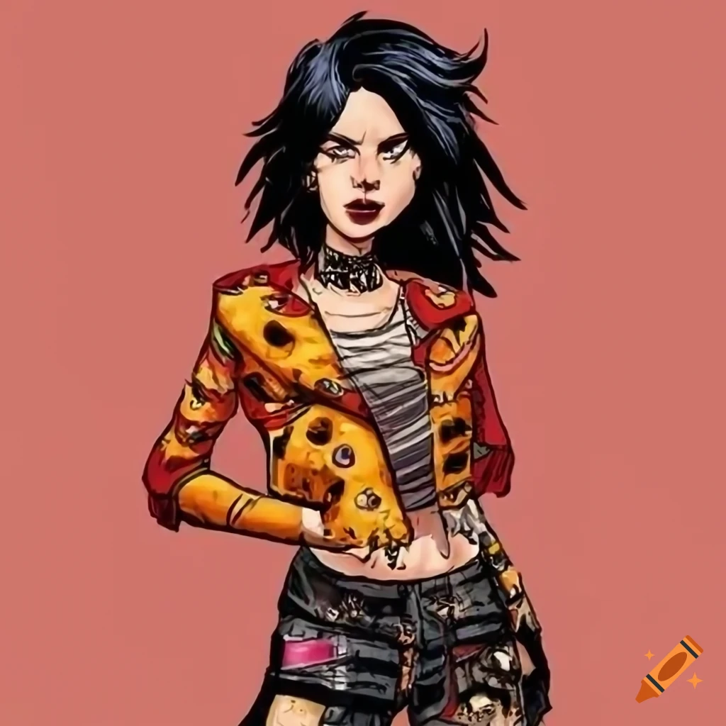 Female comic book character in punk style rage pose with pizza jacket ...