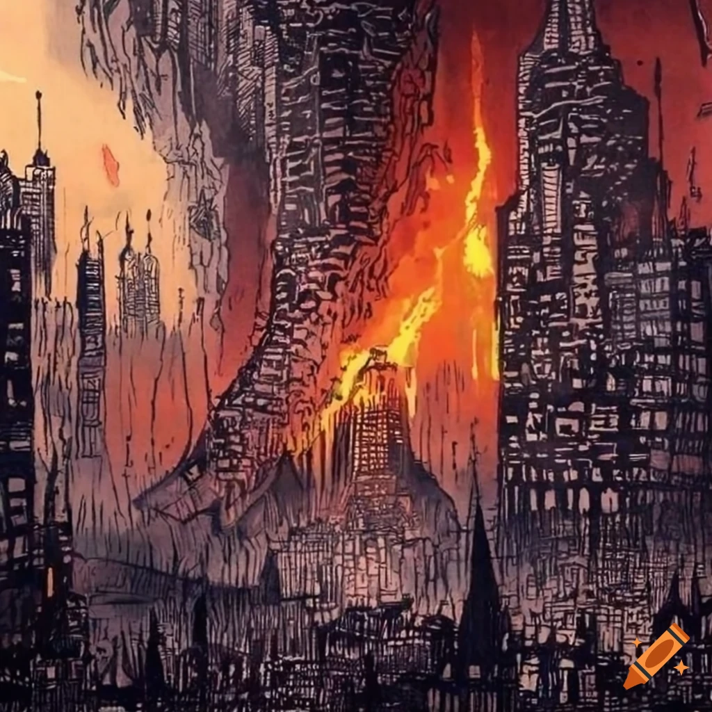 City destruction with a fierce fire storm in intricate ink drawing on ...