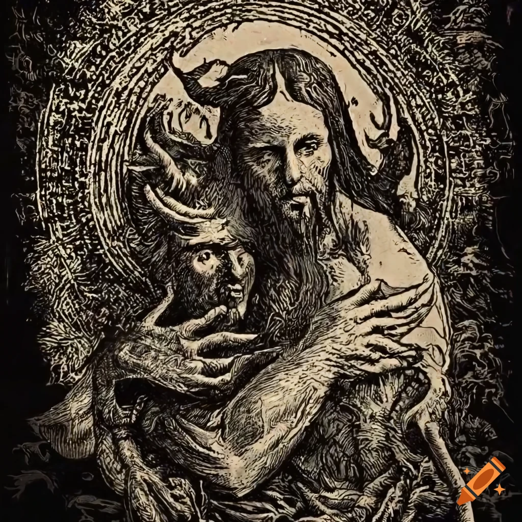 Baroque etchings of jesus embracing the devil in a mystical occult ...