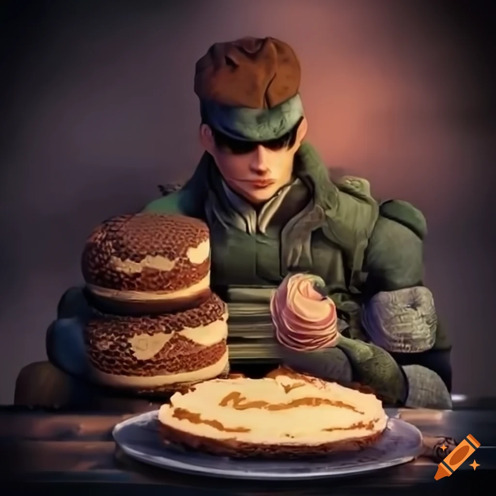 Solid snake baking a cake with oven mitts on Craiyon