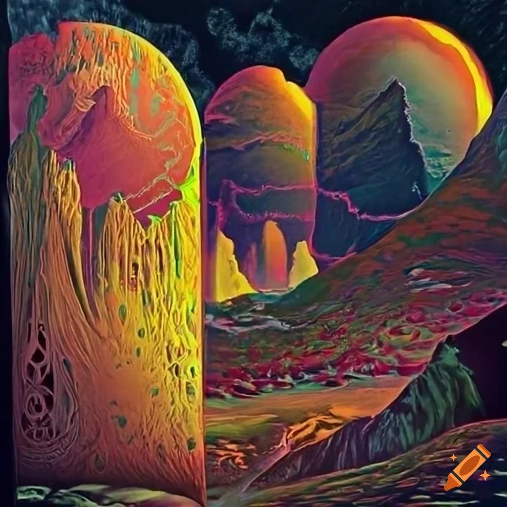 Trippy acid mountain landscape with droid beings in mathematical ...