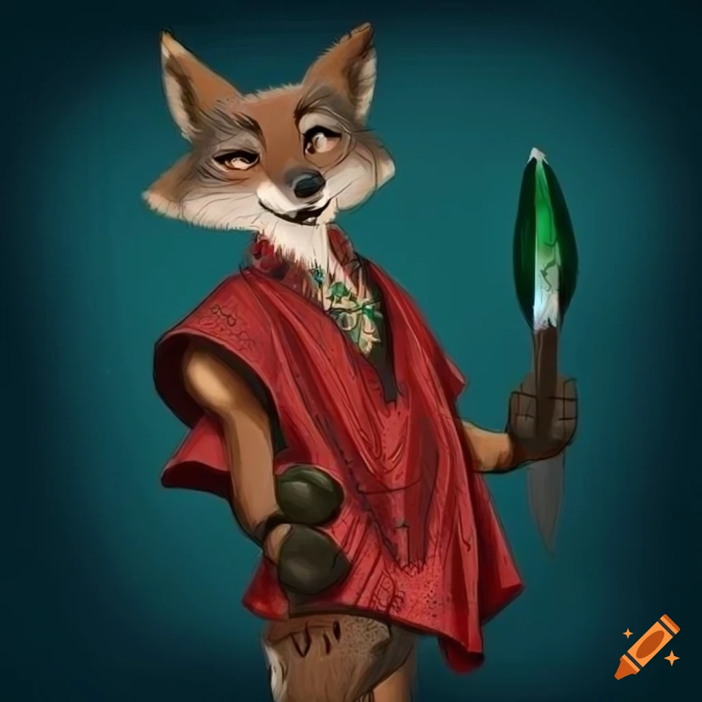 Coyote fursona in red poncho with Aztec patterns and green obsidian ...