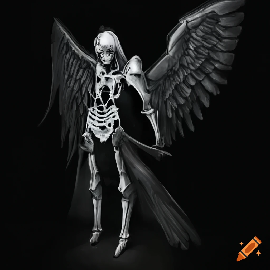 Dark anime depiction of angel armor skeleton in a wasteland on Craiyon
