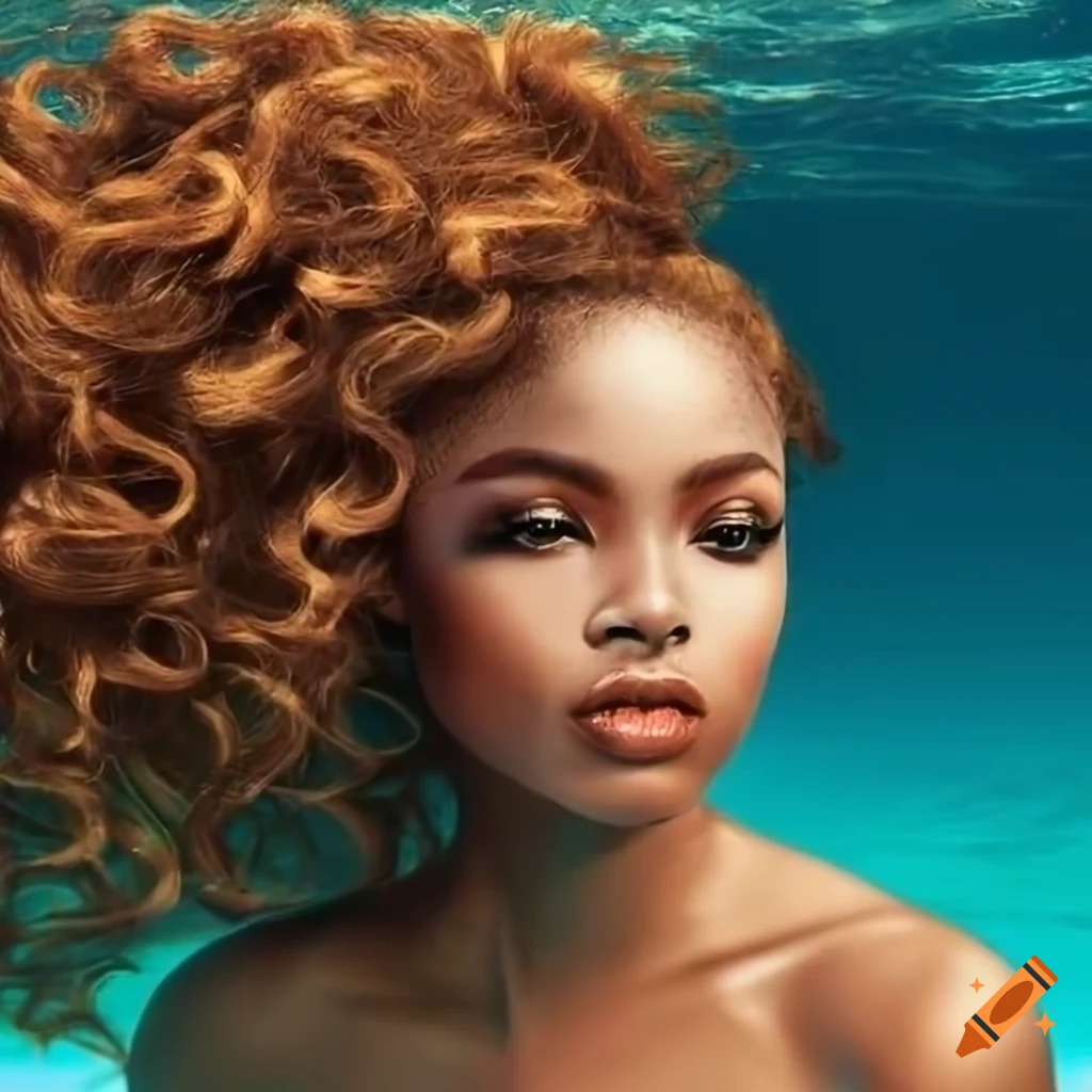 Brown-skinned Black American mermaid with curly hair and mermaid tail ...