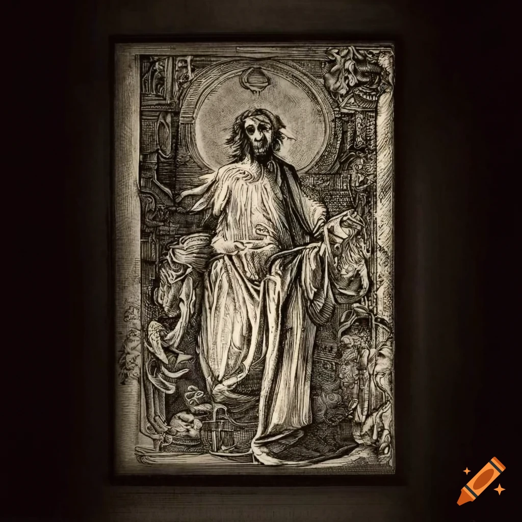Baroque etching of Jesus Christ as the Light in monochrome woodcut ...