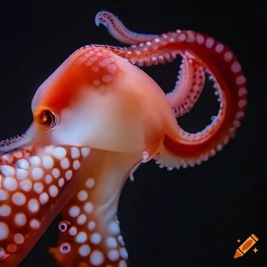 Squid-like alien being with white and red coloration and flowing ...
