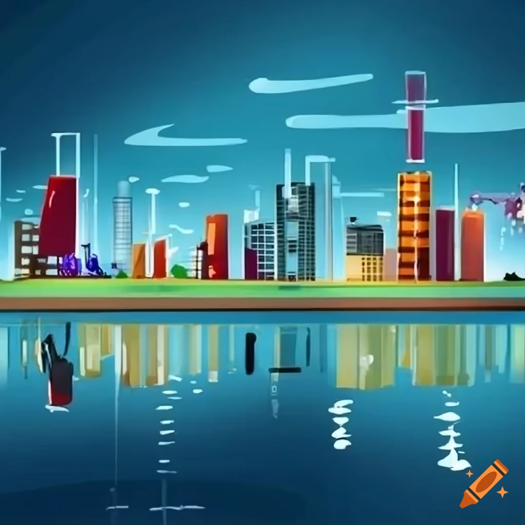 Cartoon of an open biotech lab in a city by a lake on Craiyon