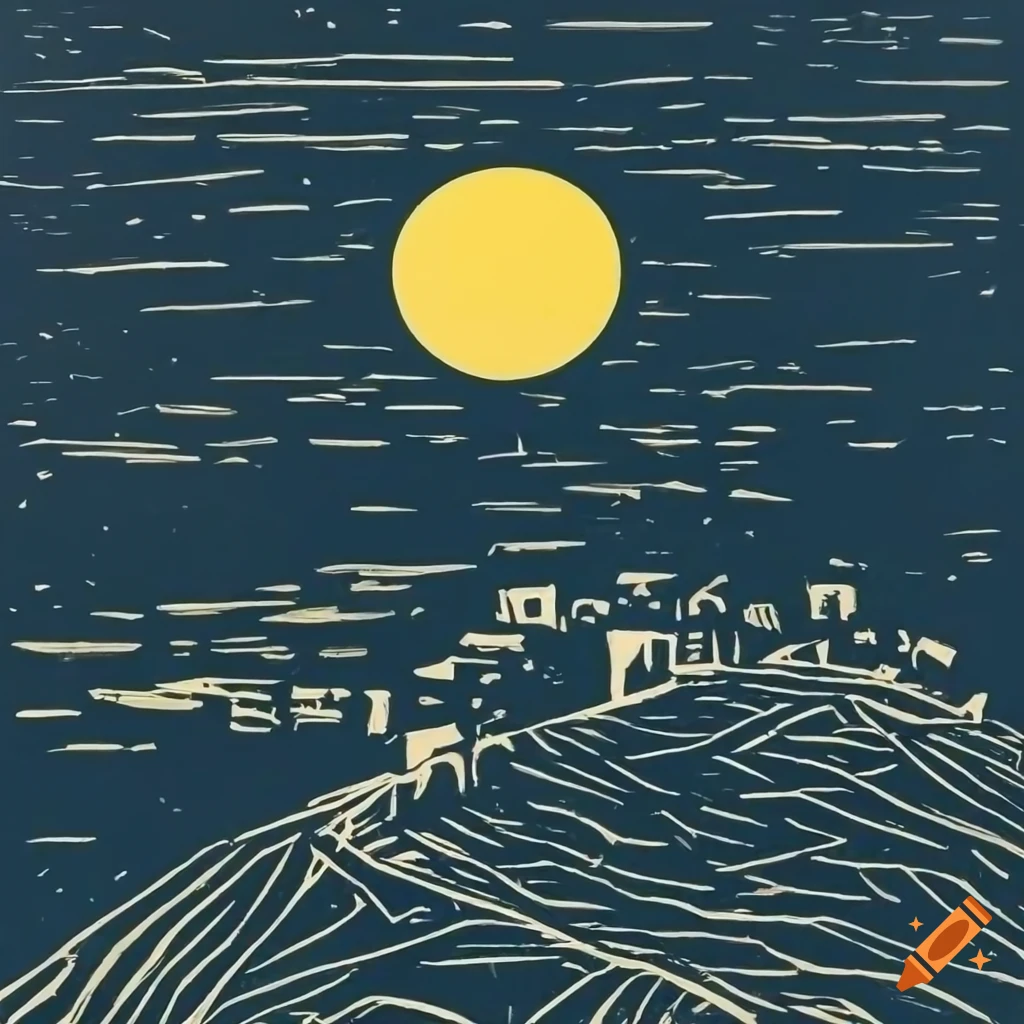 Silhouette of a town on a hill under a burning sun in a linocut style ...