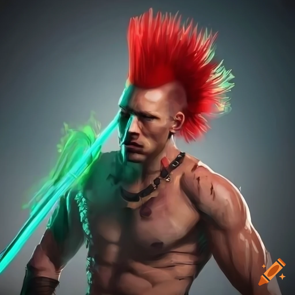 Male fantasy warrior with red and green mohawk hairstyle in battle on ...