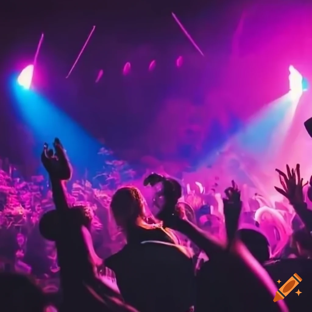 Bright lights and energetic crowd at a nostalgic 90's Hard-House music ...