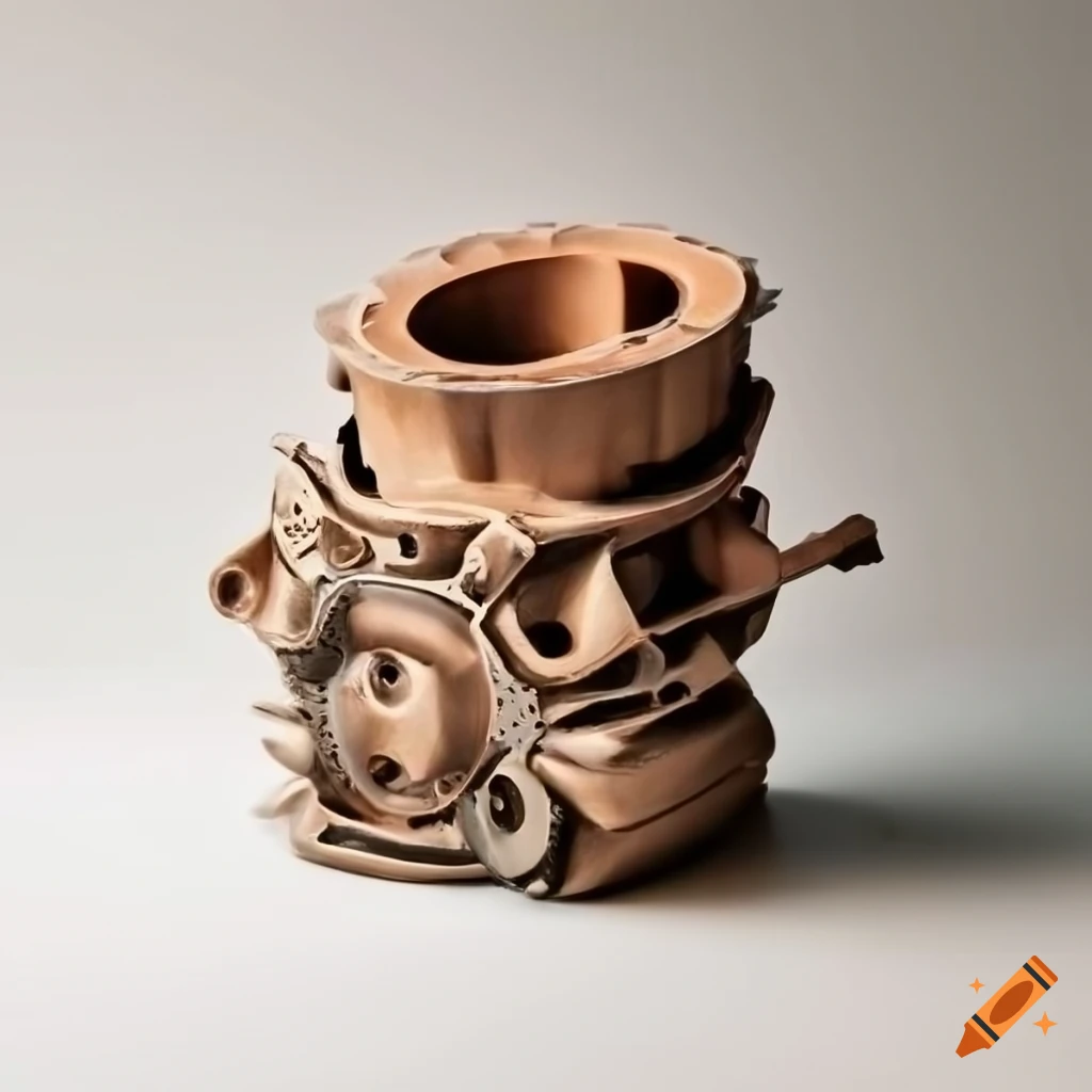 Ceramic artwork showcasing modern car engine components on Craiyon