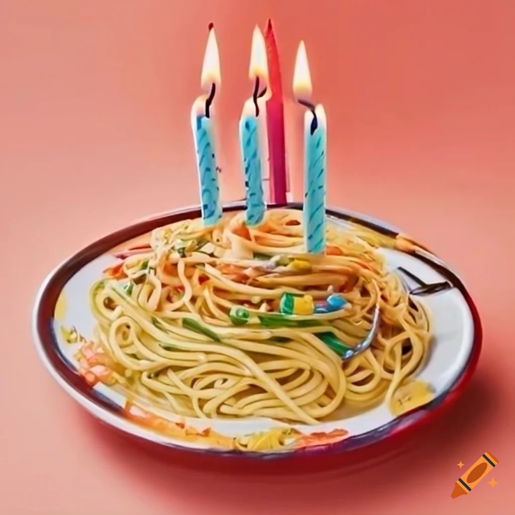 Spaghetti plate with birthday candles on Craiyon