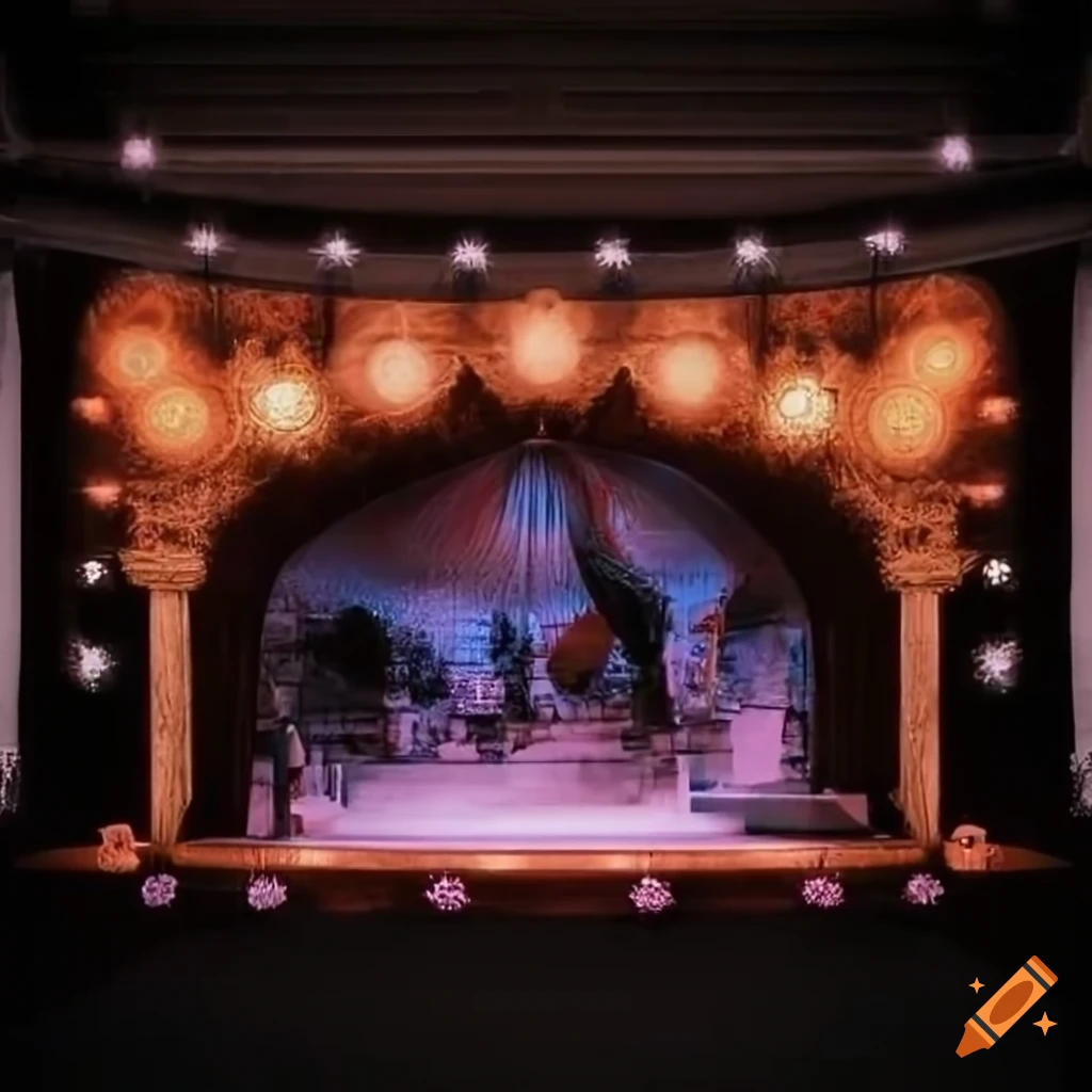 Fancy cartoon emporium stage with lights background on Craiyon