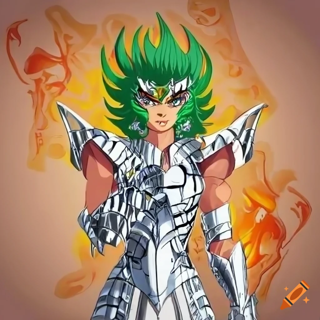 Art of Saint Seiya twins in white armor with green hair, fire, and ice ...