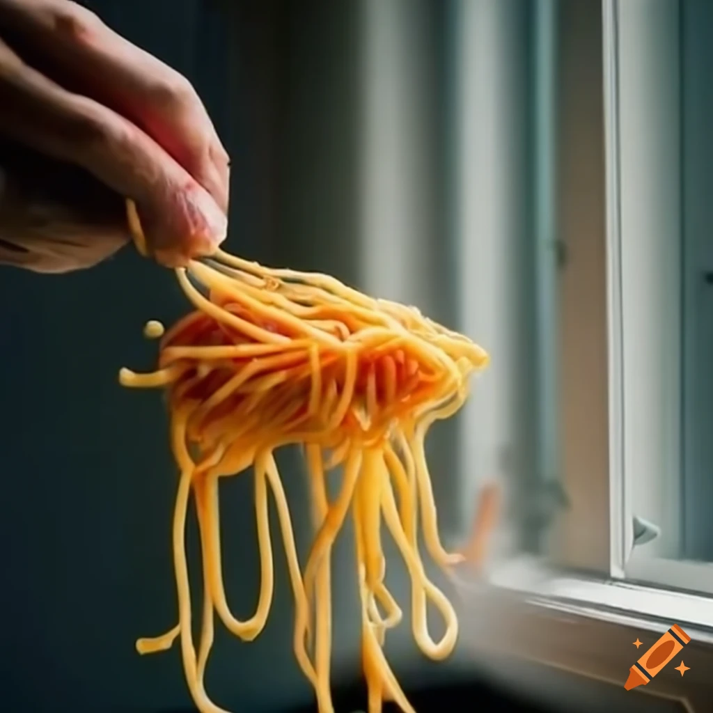 Man throwing spaghetti at neighbor's window on Craiyon