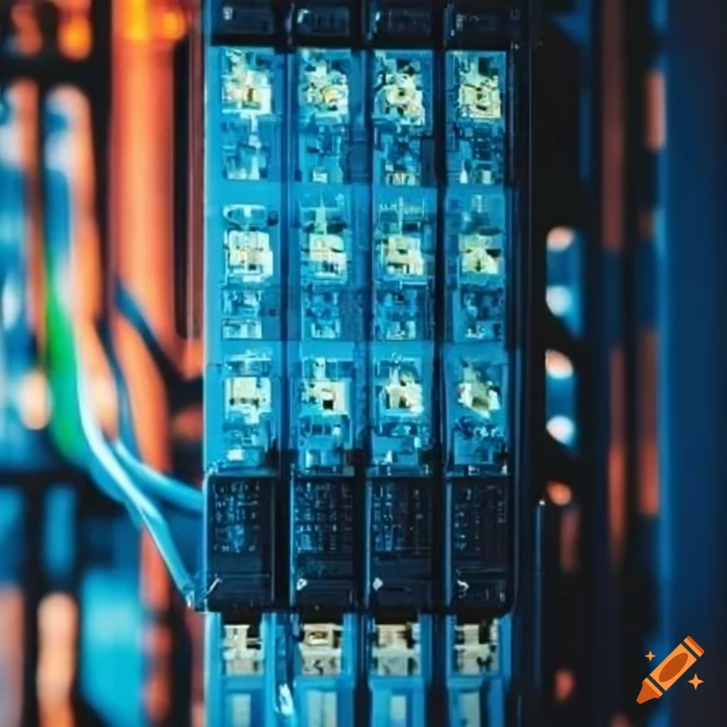 Electrical relays in an industrial rack on Craiyon