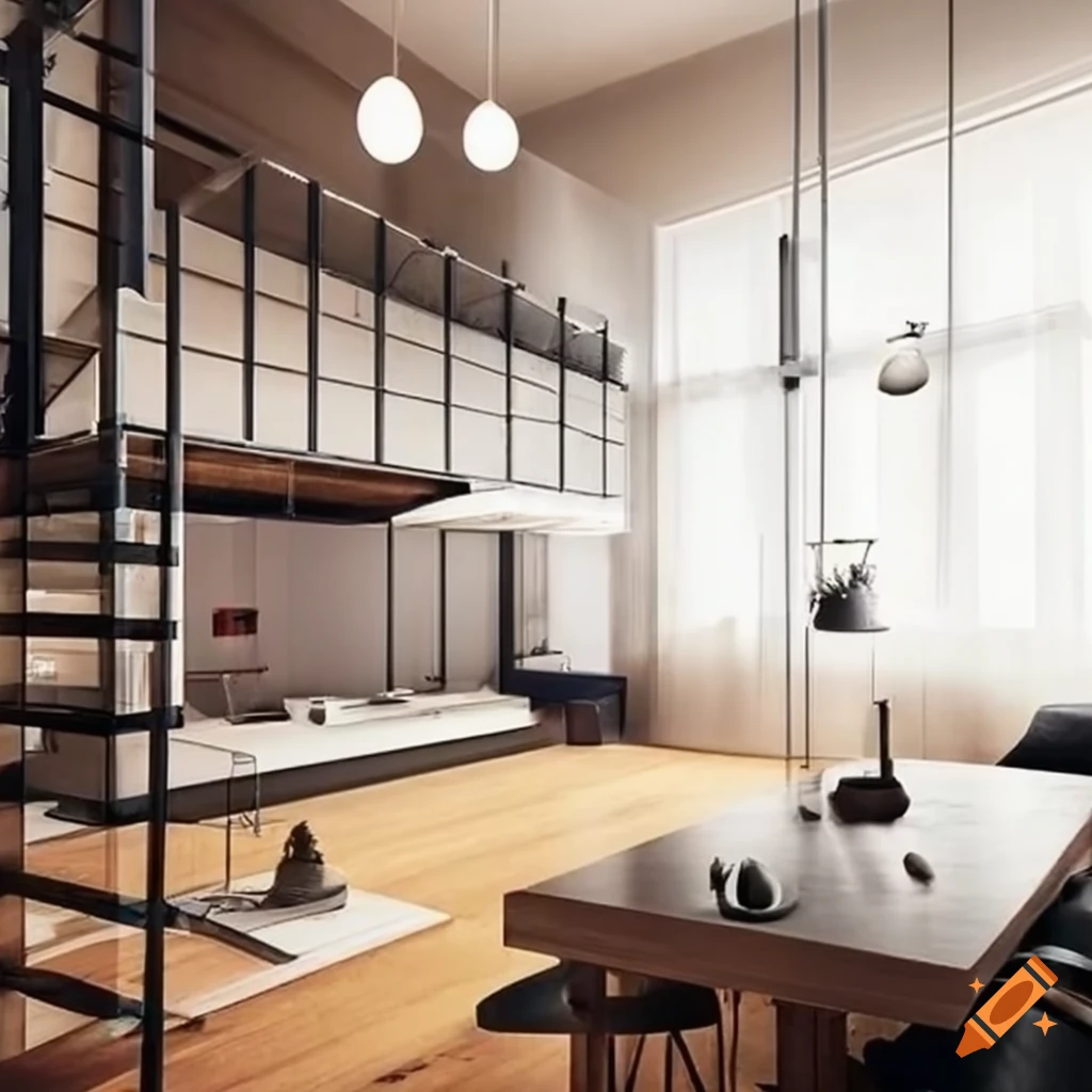 Apartment with mezzanine and industrial lighting style on Craiyon