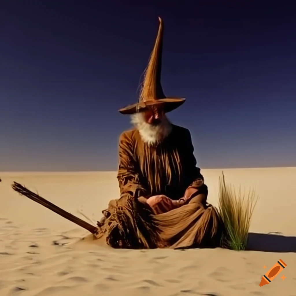 Male Witch With Broom In The Desert Next To A Sandy Sandwich On Craiyon