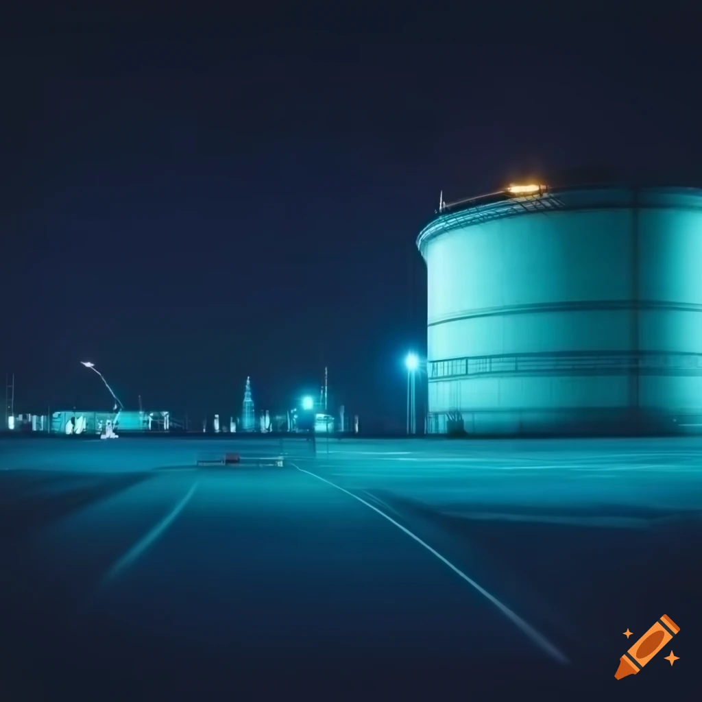 Tank terminals at night with light pollution and foggy atmosphere on ...