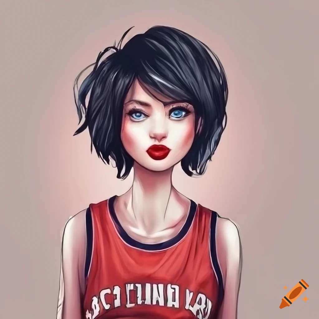 Comic Book Girl With Short Black Hair Blue Eyes Red Lips In A White