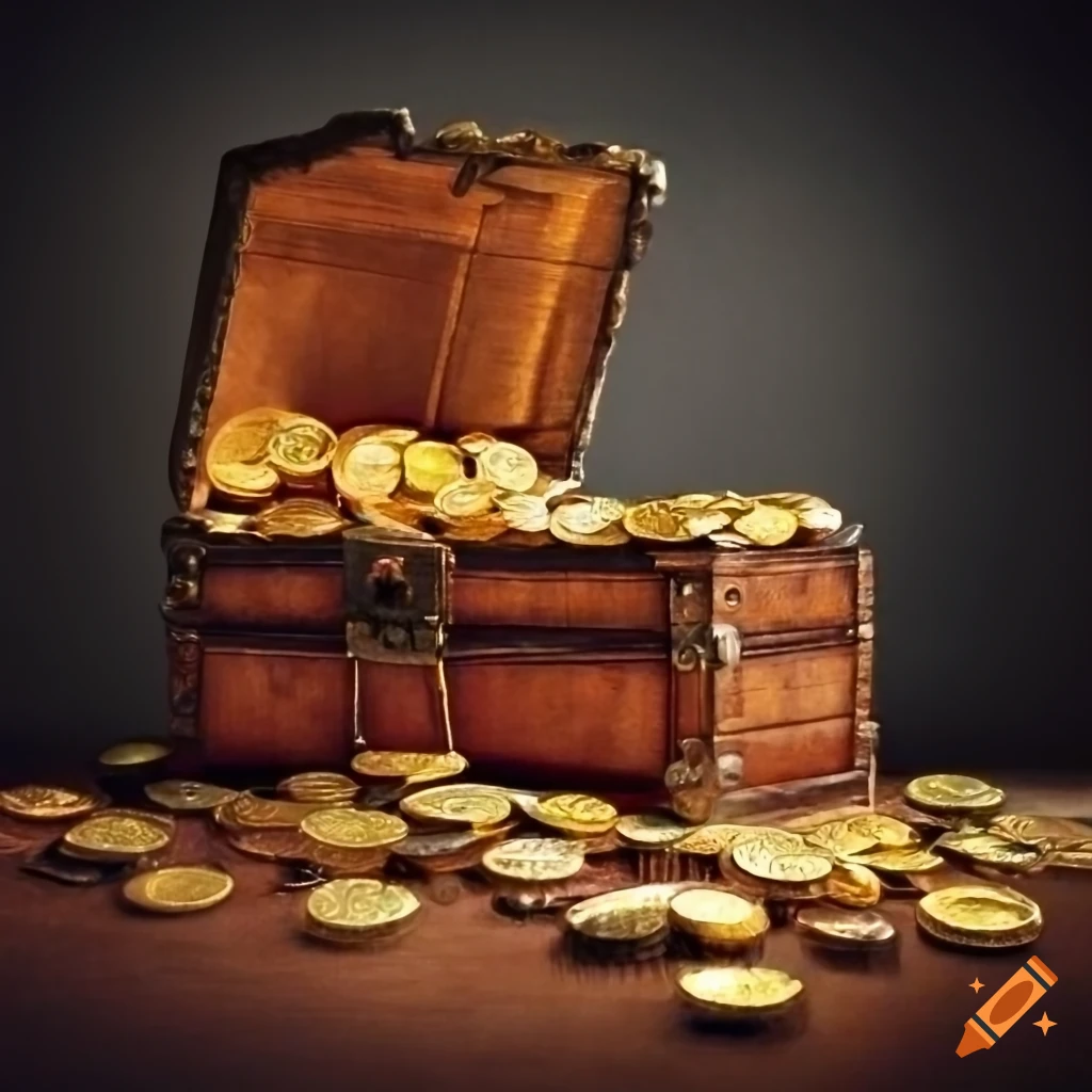 Old chest overflowing with gold coins and velvet fabrics, treasured ...