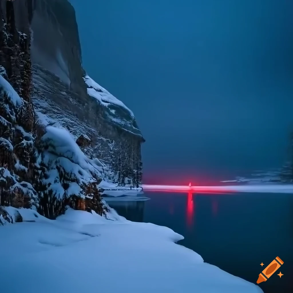 Stunning winter scene of icy lake with red lights during a blizzard ...