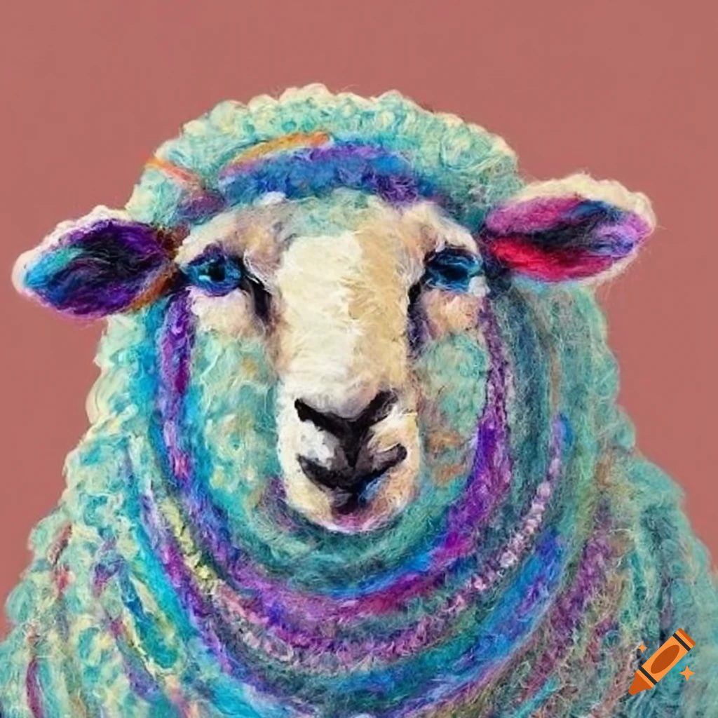 Colorful felted wool sheep with yarn stitching in watercolor on Craiyon