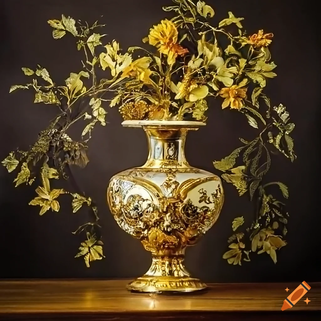 Intricate Baroque vase with vine flowers and gold detailing on Craiyon