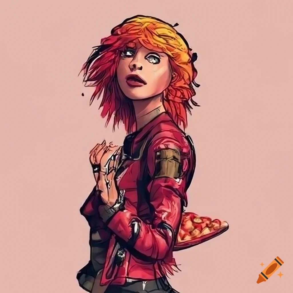 Female comic book character in punk style with rage pose and pizza ...