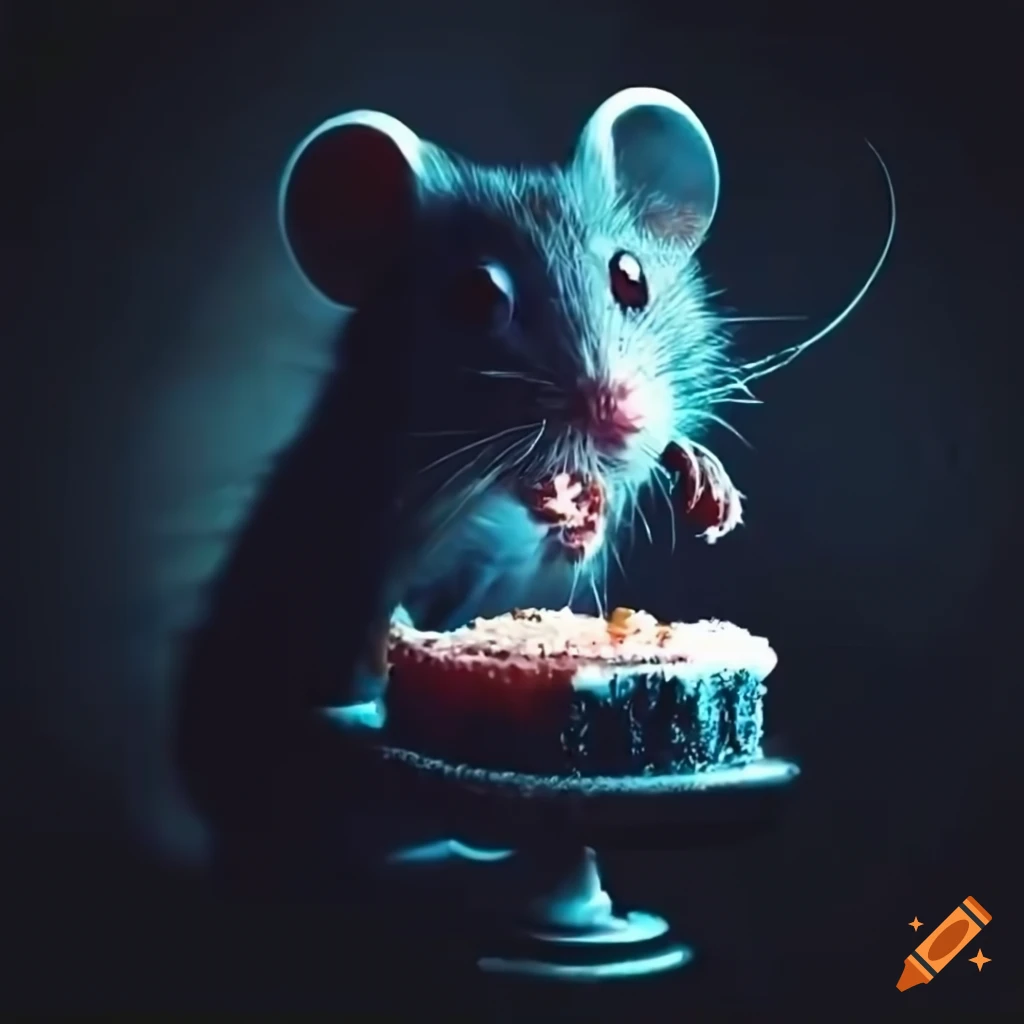 Happy mouse enjoying cake in the dark streets at night on Craiyon