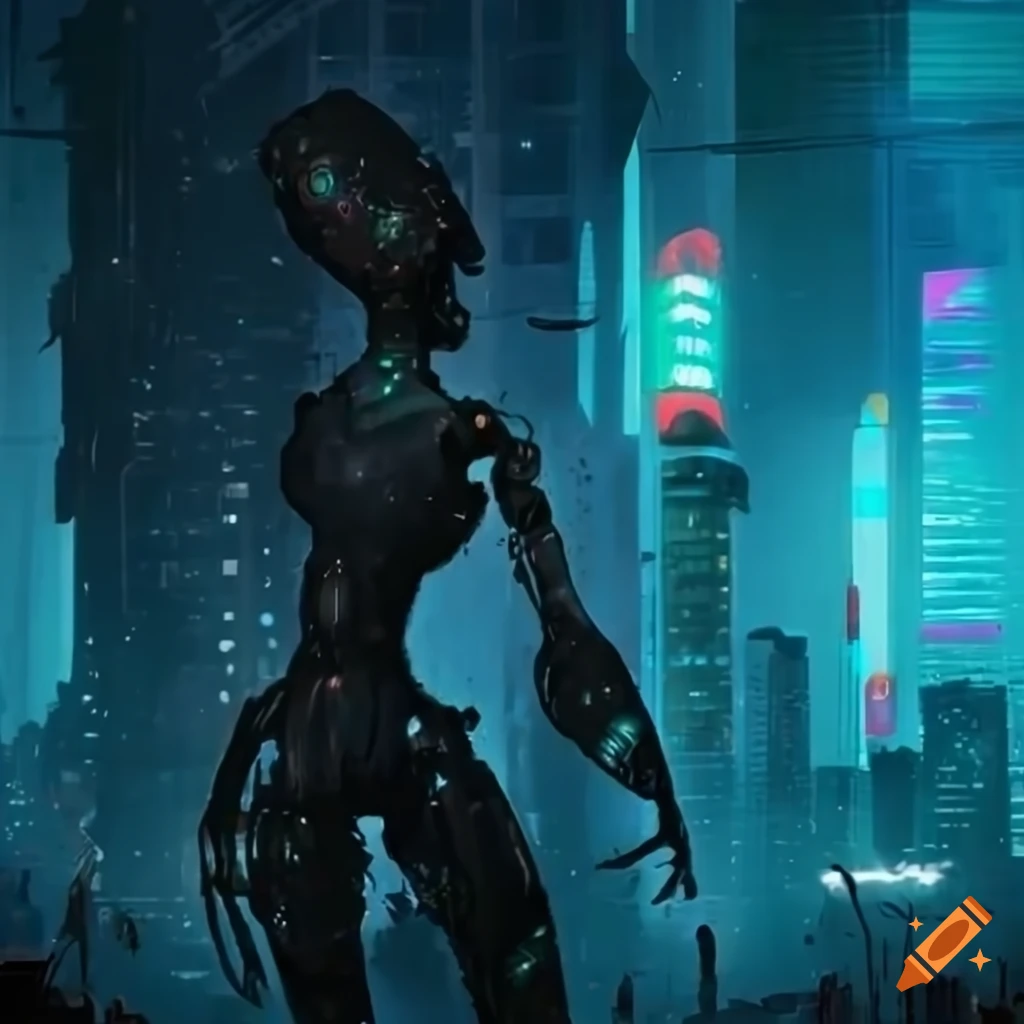 Cityscape with biopunk and cyberpunk elements, featuring neon-lit ...