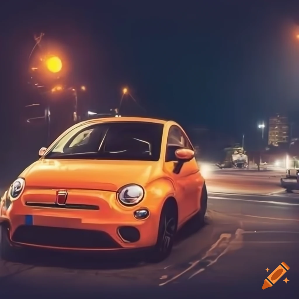 Orange neon Fiat 500 driving in urban night setting on Craiyon