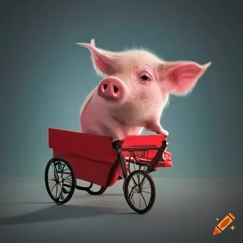 Playful pig in a red wagon on a bicycle on Craiyon
