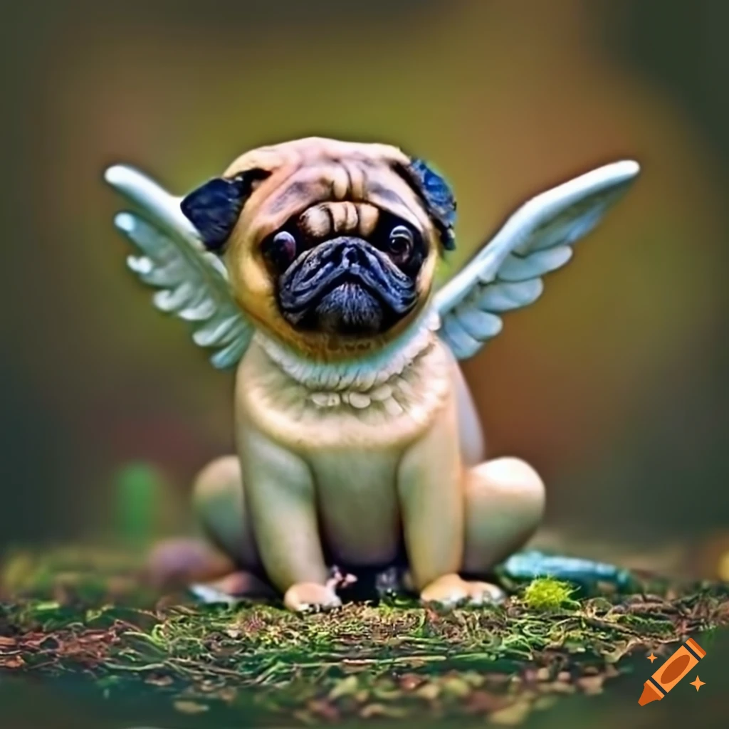 Pug angel with flowers on the ground on Craiyon