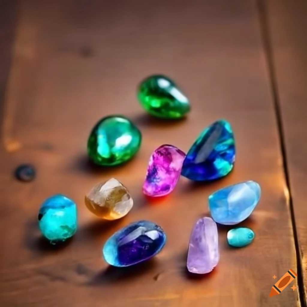 Gems on a wooden table on Craiyon