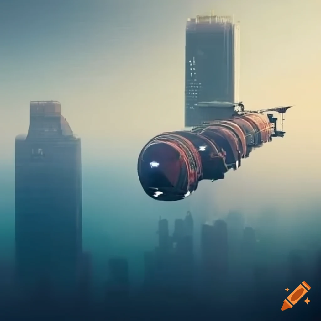 Massive space cargo vessel flying over futuristic industrial city with ...