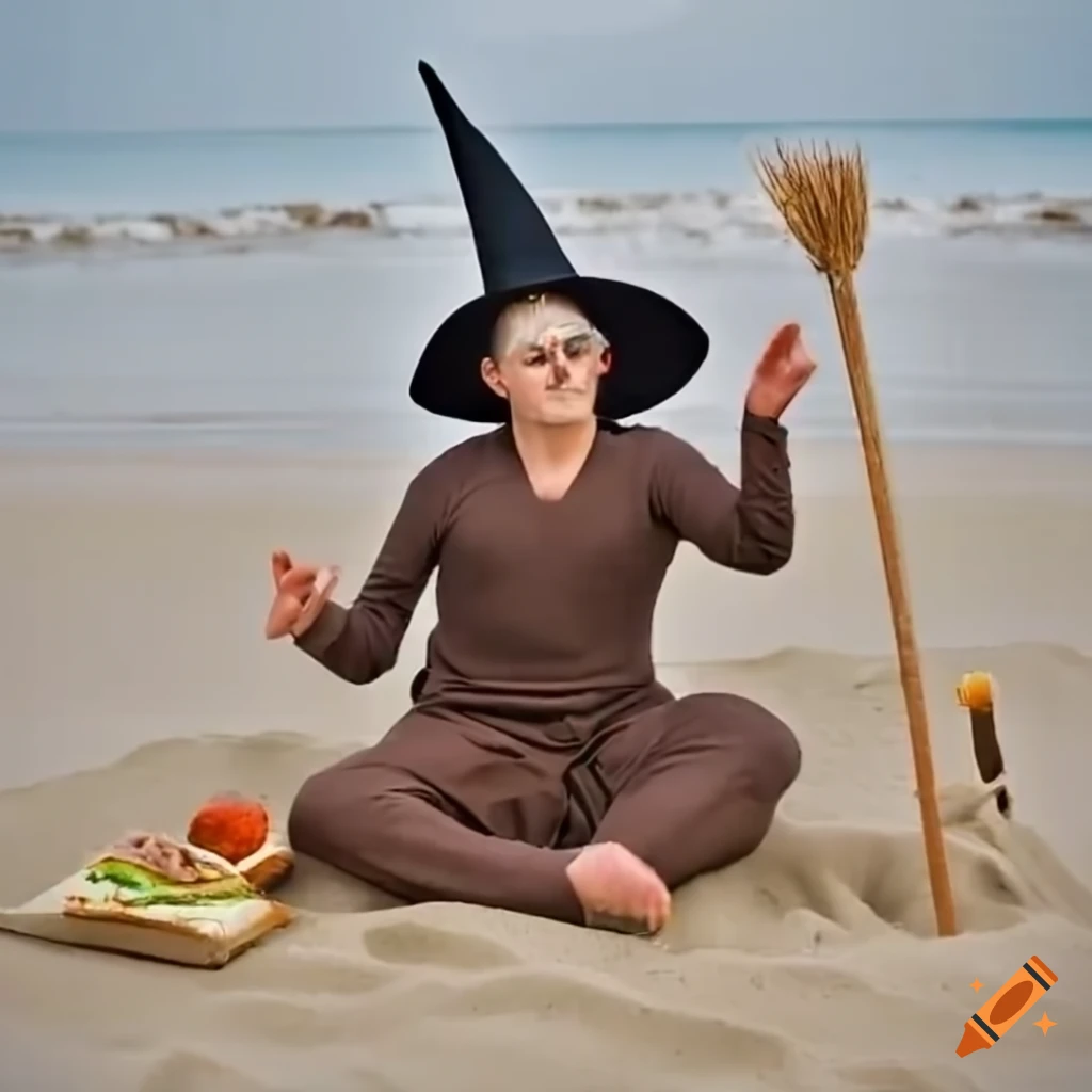 Male witch with a broom sitting next to a sandwich on the sand on Craiyon