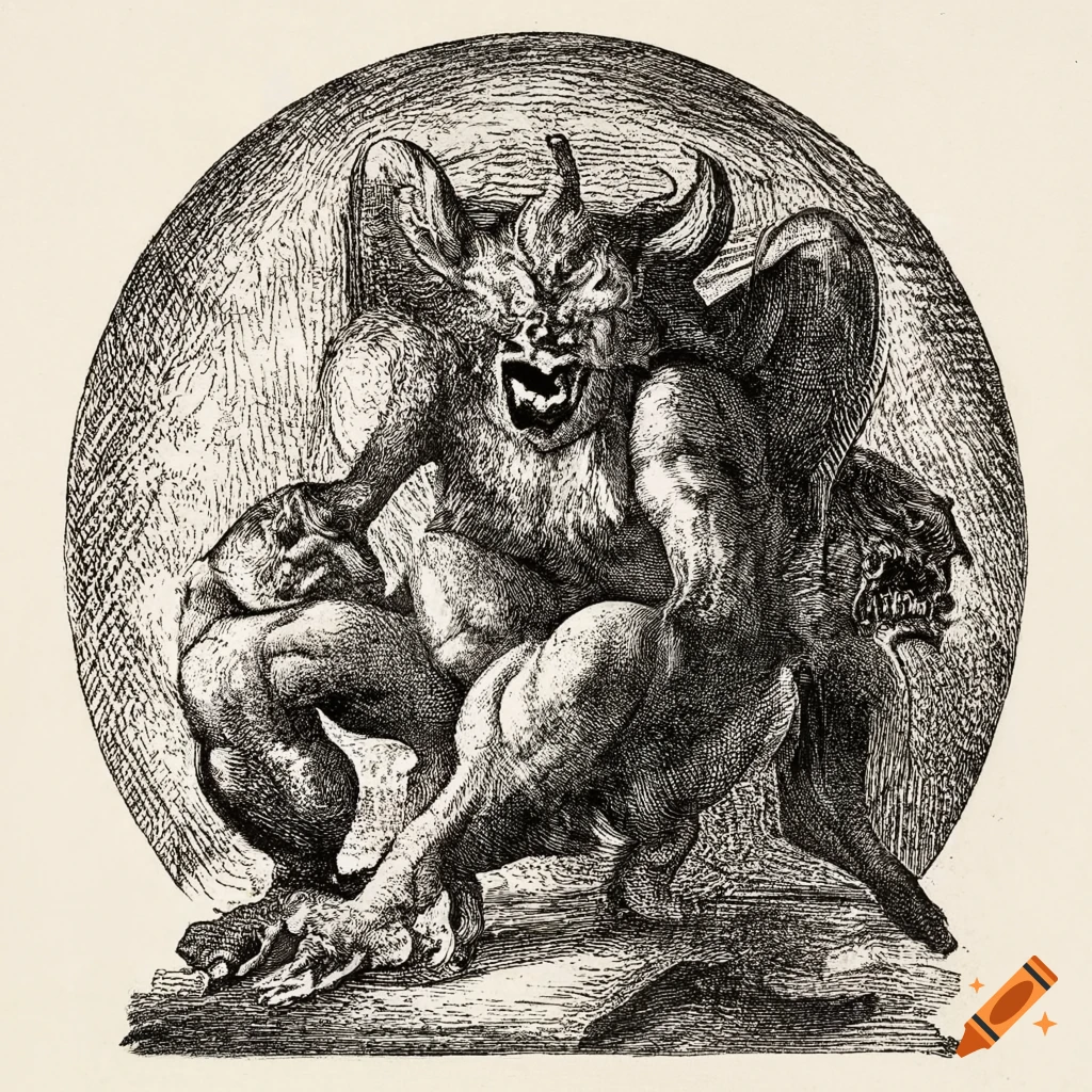 Ancient engraving of a chimera with two goat legs, representing a ...