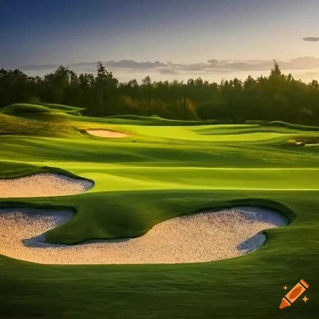 Stunning golf course hole surrounded by sand traps and lush greenery on ...