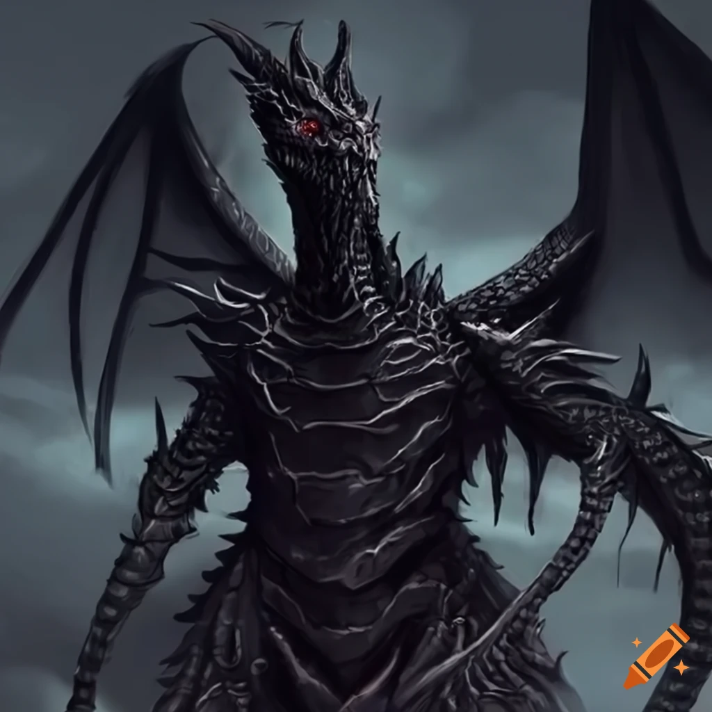 Dark and sinister humanoid dragon casting ominous shadows on Craiyon