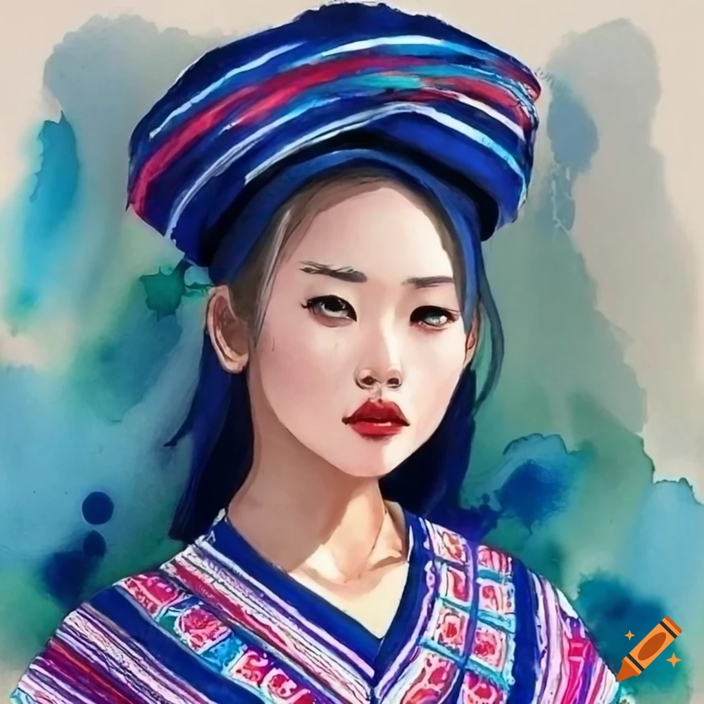 Handmade drawing of a beautiful Hmong outfit in indigo ink on Craiyon